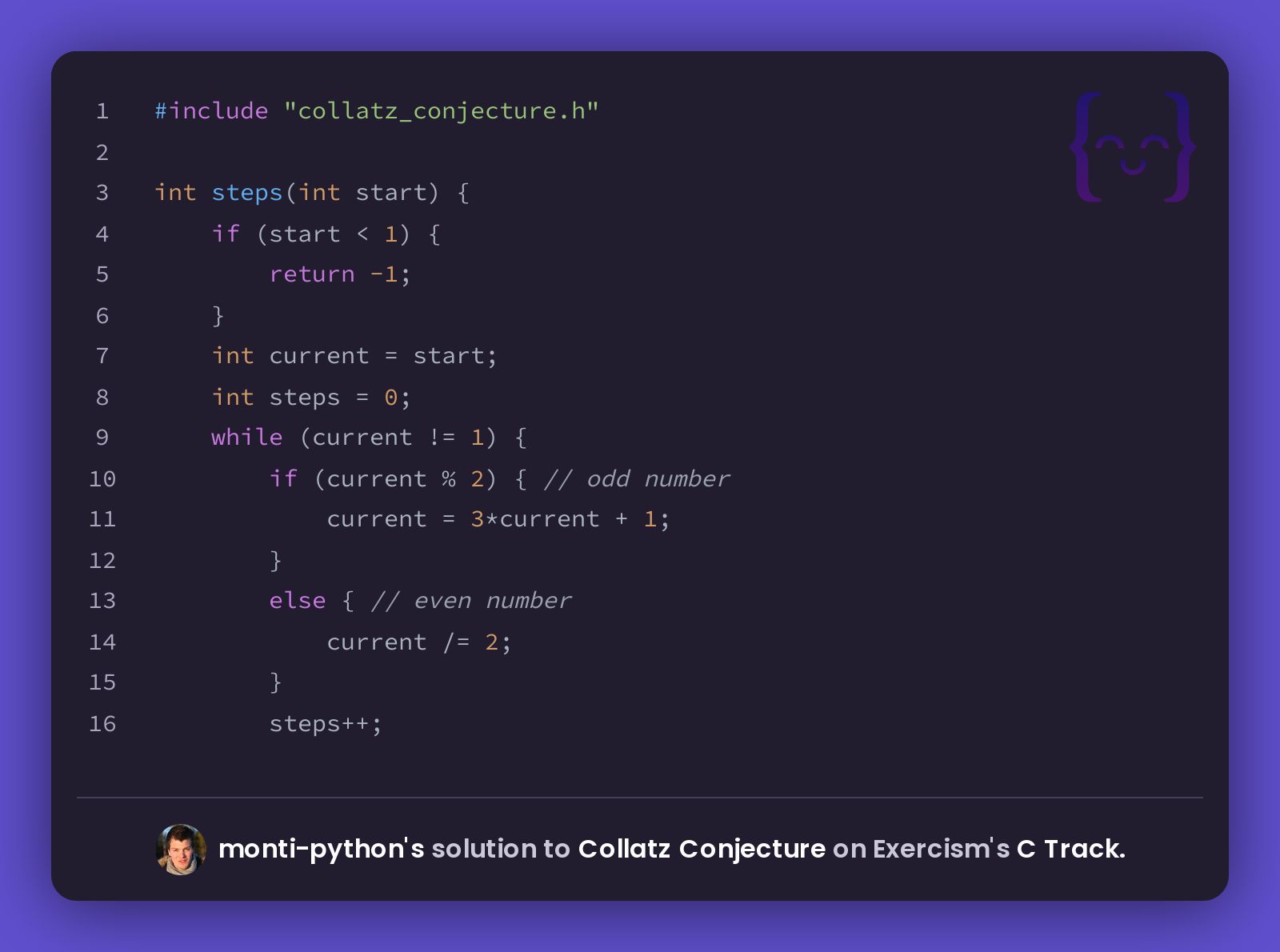 Monti Pythons Solution For Collatz Conjecture In C On Exercism