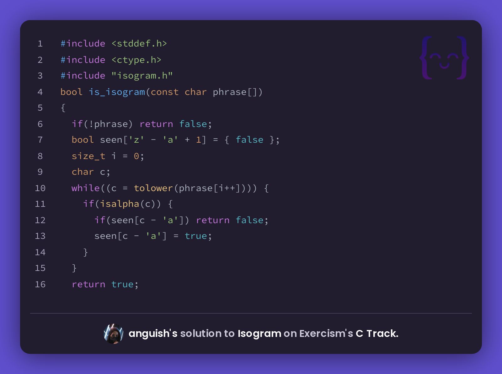 anguish's solution for Isogram in C on Exercism anguish's solution for Isogram in C on Exercism