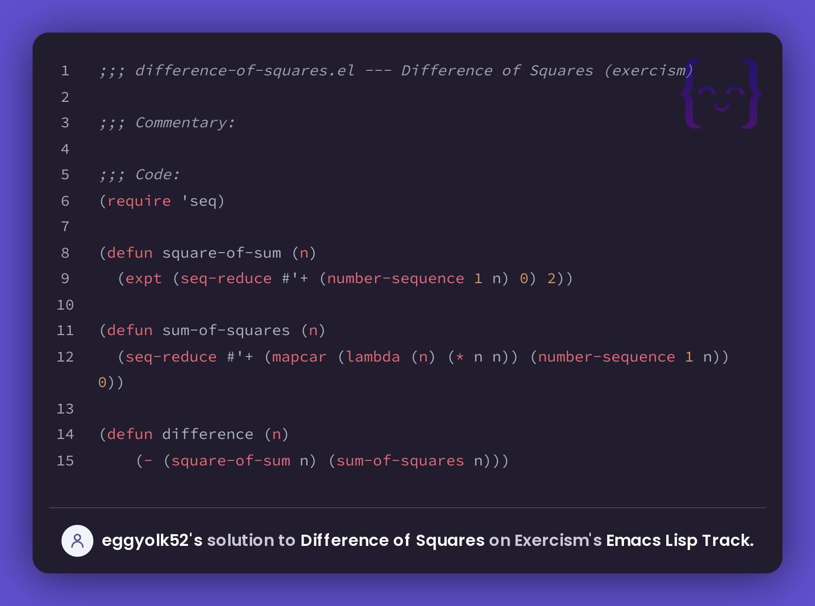 Eggyolk52s Solution For Difference Of Squares In Emacs Lisp On Exercism