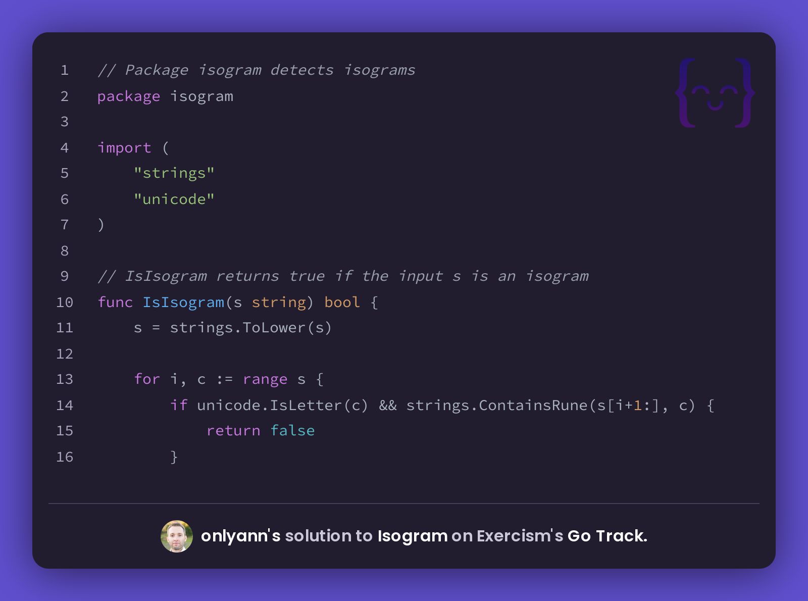 onlyann's solution for Isogram in Go on Exercism onlyann's solution for Isogram in Go on Exercism