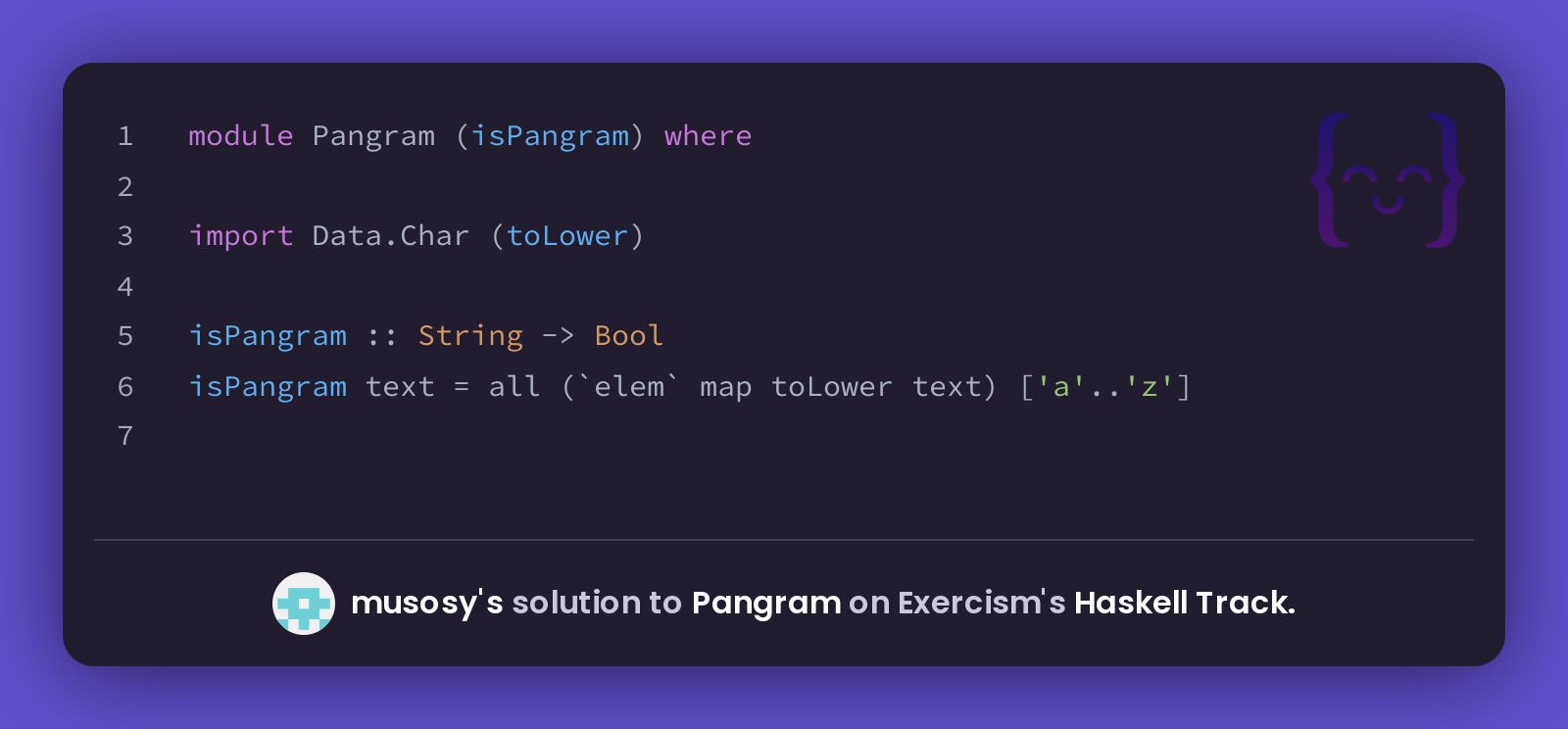 musosy's solution for Pangram in Haskell on Exercism musosy's solution for Pangram in Haskell on Exercism
