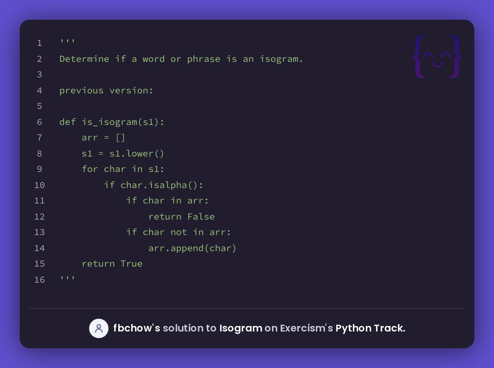 fbchow's solution for Isogram in Python on Exercism fbchow's solution for Isogram in Python on Exercism