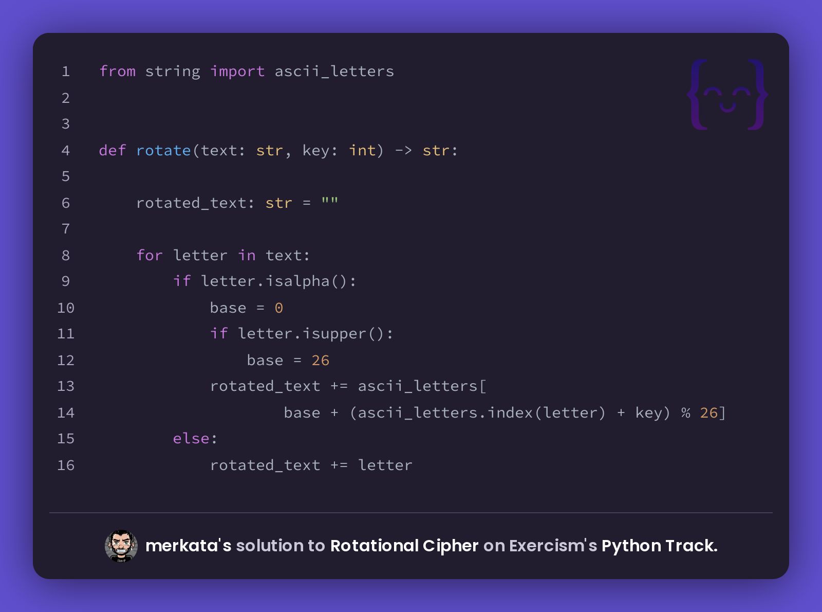 Merkatas Solution For Rotational Cipher In Python On Exercism