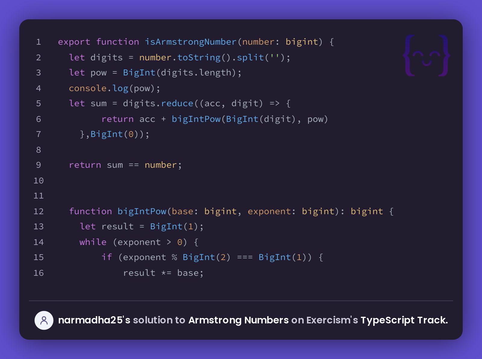 Narmadha25s Solution For Armstrong Numbers In Typescript On Exercism
